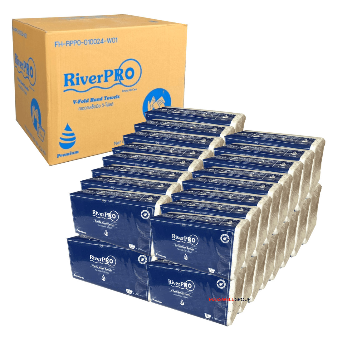 RiverPro กระดาษเช็ดมือสีขาว รุ่น V-Fold PREMIUM 2-Ply บรรจุ 250 แผ่น x ...